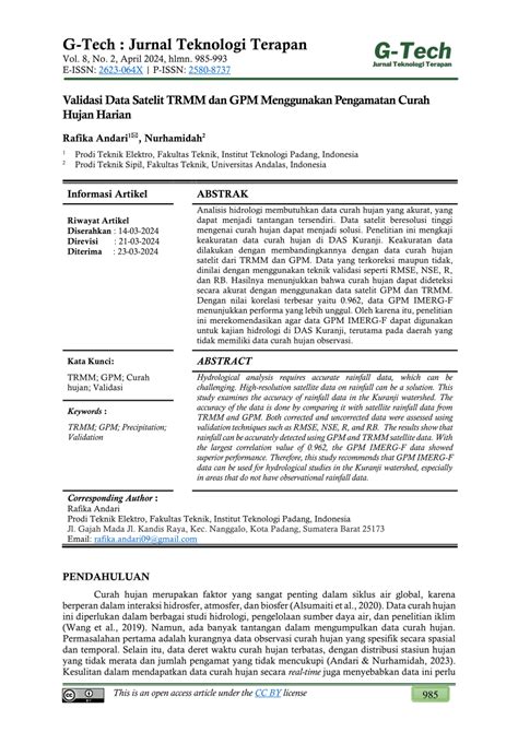 Pdf Validasi Data Satelit Trmm Dan Gpm Menggunakan Pengamatan Curah Hujan Harian