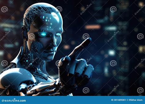 Cyborg Woman Pointing Finger At Something On Dark Background 3d