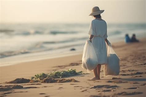 the girl collects garbage on the beach save planet concept stock