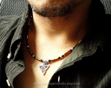 Tiger Eye Black Onyx Necklace For Men Celtic Knot Triquetra Charm Men S Beaded Necklace