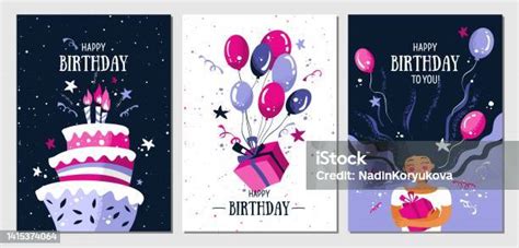 여자 선물 풍선 색종이 케이크 및 양초가있는 엽서 세트 홀리데이 파티 휴가 생일 축하합니다 카드 포스터 전단지 배너 및 기타를위한 벡터 템플릿 생일 케이크에 대한 스톡 벡터