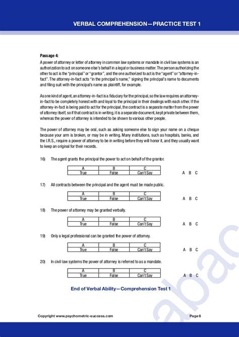 psychometric success verbal ability comprehension practice test 1