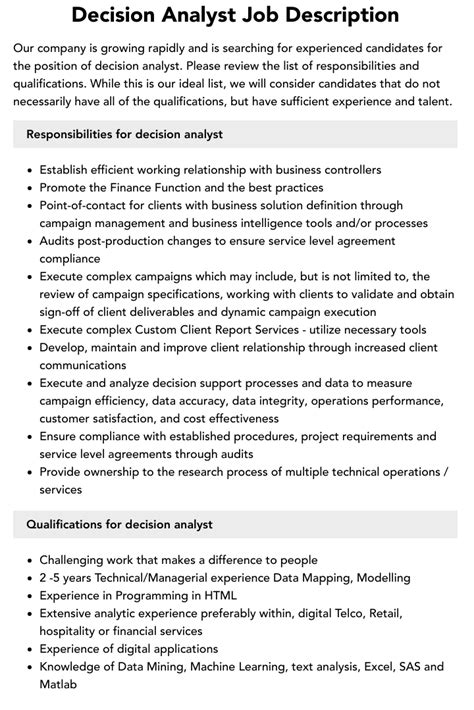 Decision Analyst Job Description Velvet Jobs