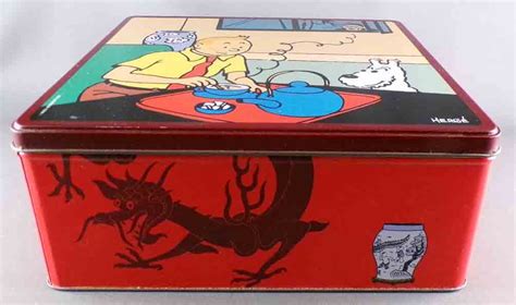 Tintin Delacre Tin Cookie Box Square Tintin Drinking Tea The Blue