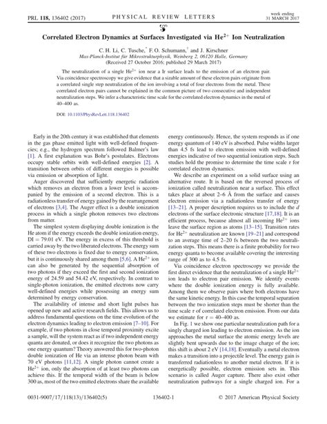 Pdf Correlated Electron Dynamics At Surfaces Investigated Via Mathrmhe2 Ion Neutralization