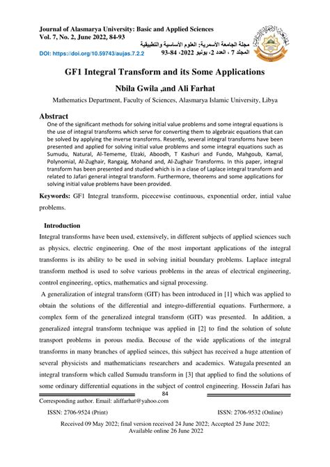 Pdf Gf1 Integral Transform And Its Some Applications