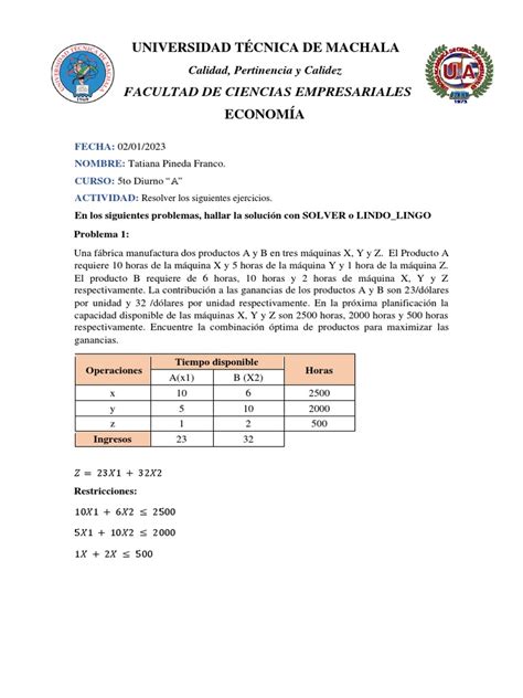 Taller Solver Y Lingo Pdf Economias