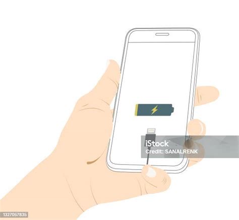 빈 배터리 인간 손 스마트 폰 장치 화면 저전력 충전은 벡터 그리기 를 통해 스톡 일러스트레이션 Brand Name Smart