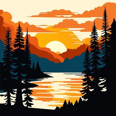 Premium Vector Sunset Sky Over Pine Trees And Lake Vector Nature