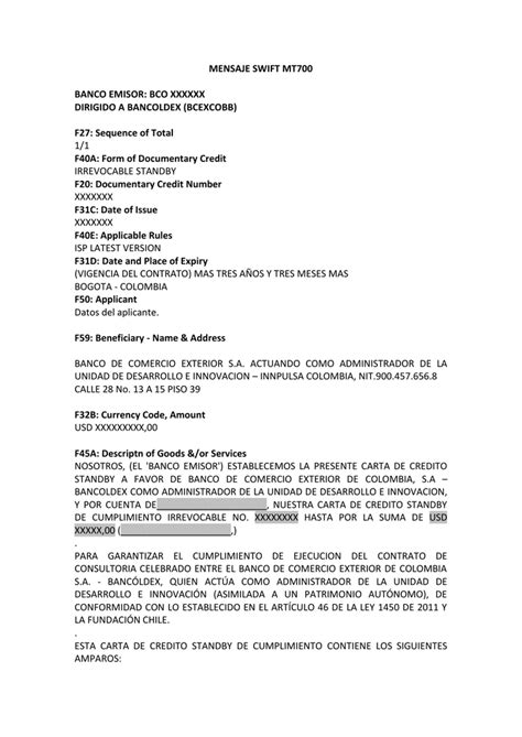 Mensaje Swift Mt700 Banco Emisor Bco Xxxxxx