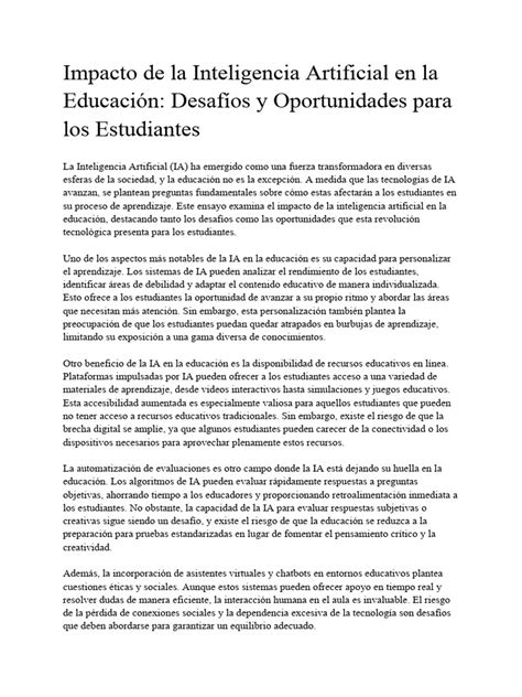 Impacto De La Inteligencia Artificial En La Educación Desafíos Y