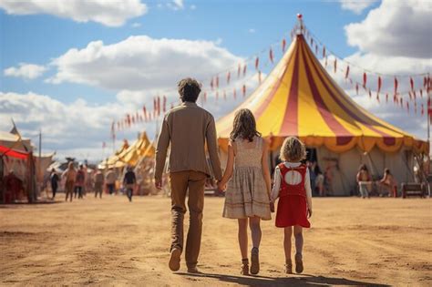 Familia Caminando Frente A Una Colorida Carpa De Circo Foto Premium