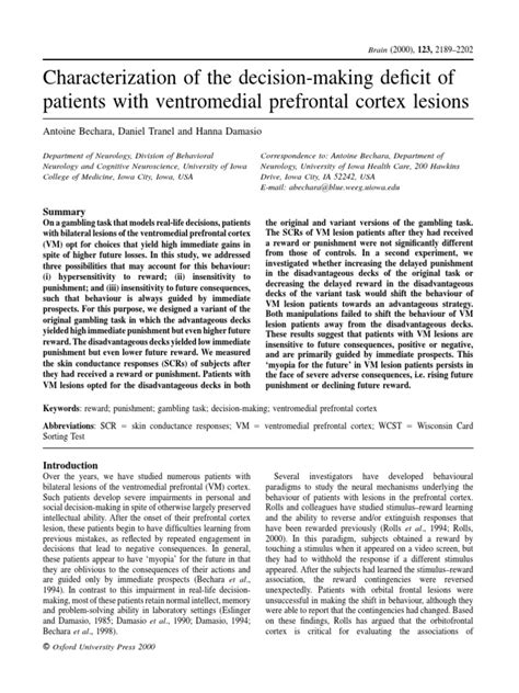 Characterization Of The Decision Making Deficit Of Patients With Ventromedial Prefrontal Cortex