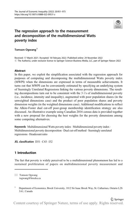 The Regression Approach To The Measurement And Decomposition Of The Multidimensional Watts