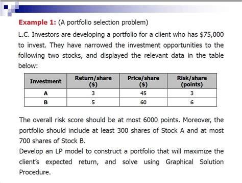 Solved Example 1 A Portfolio Selection Problem Lc