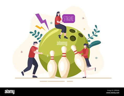 People Play Bowling Game Hand Drawn Cartoon Flat Design Illustration