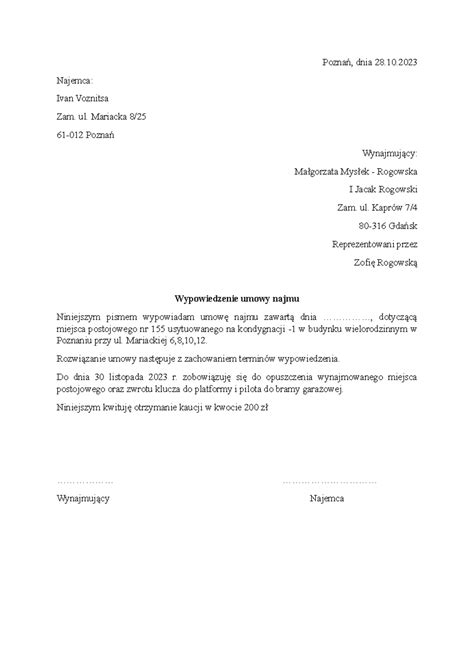 Wypowiedzenie umowy Poznań dnia 28 Najemca Ivan Voznitsa Zam ul