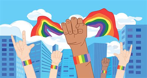 사람들은 무지개 손목 밴드를 착용하고 도시와 푸른 하늘 배경 벡터 일러스트 그림과 Lgbt 퍼레이드에 손에 무지개 천을 들고