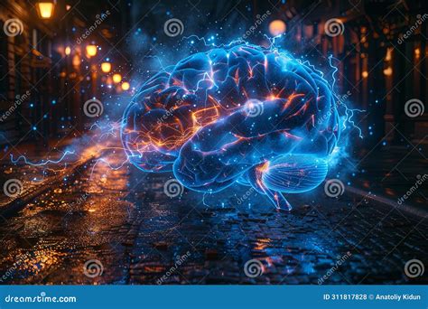 3d Brain Brain In Blue Electrical Wire Lightning In Blue In The