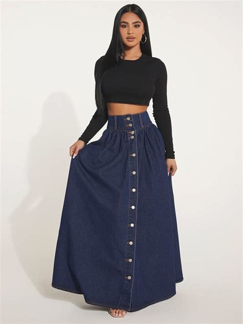 Shein Sxy High Waist Button Front Flare Hem Denim Skirt Shein Usa