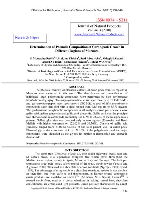 Pdf Determination Of Phenolic Composition Of Carob Pods Grown In Different Regions Of Morocco