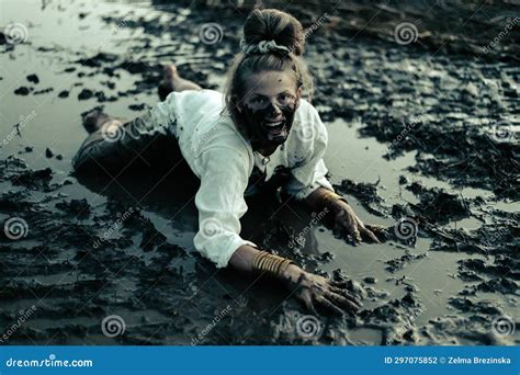 Mud Puddle And Women Female Dirty Boot In A Puddle Dirty Shoes Stock