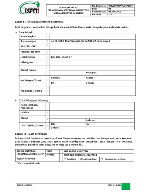 Form Fr Apl 01 Operator K3 Listrik Pdf