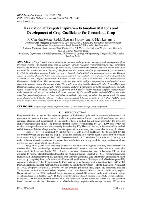 Pdf Evaluation Of Evapotranspiration Estimation Methods And