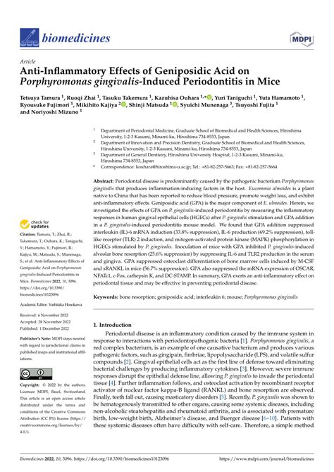 Pdf Anti Inflammatory Effects Of Geniposidic Acid On Porphyromonas Gingivalis Induced