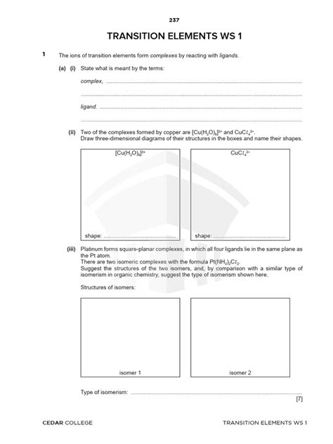 7 Transition Elements Ws Pdf Coordination Complex Transition Metals