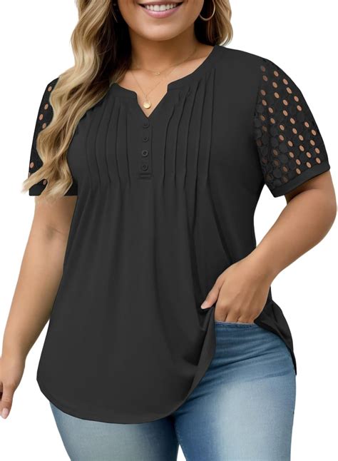 Vislily Plus Size Womens Summer Tops Cute Henley V Neck T Shirts Dressy