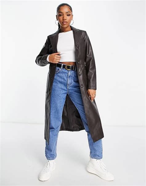 Stradivarius Str Longline Faux Leather Trench Coat In Vintage Brown Asos