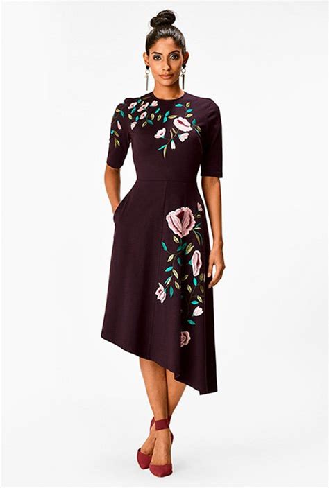 Shop Floral Embellished Asymmetric Hem Cotton Knit Dress EShakti