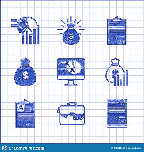 Set Computer Monitor With Graph Chart Briefcase And Money Document