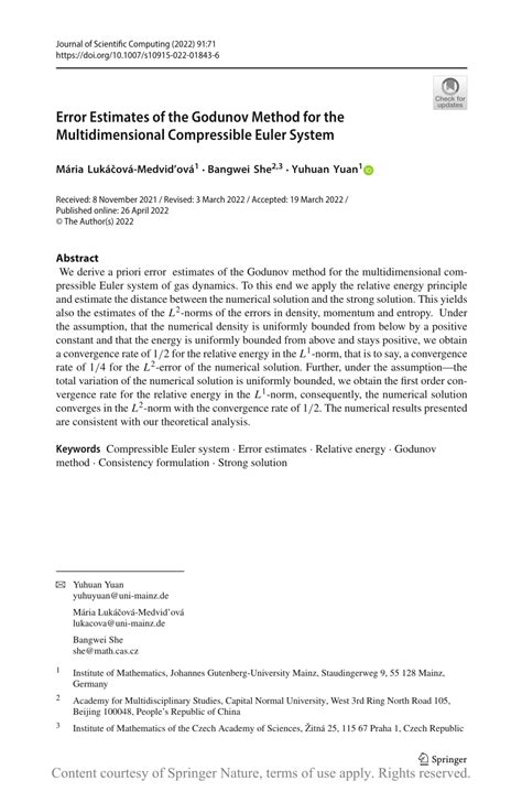 Pdf Error Estimates Of The Godunov Method For The Multidimensional Compressible Euler System