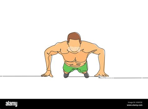 Single Continuous Line Drawing Of Young Sportive Man Training Push Up In Sport Gymnasium Club