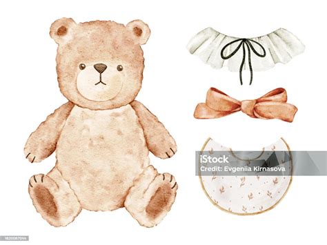 귀여운 작은 테디 베어 액세서리 활 앞치마 빈티지 스타일의 칼라 엽서 베이비 샤워 포스터 직물을 위한 수채화 클립아트 0명에 대한 스톡 벡터 아트 및 기타 이미지 Istock