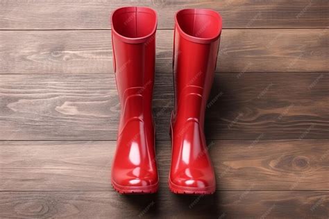 Premium Ai Image Pair Red Rubber Boots On Board Wear Show Autumn Rainy Boot Generate Ai