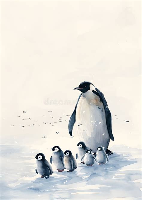 Penguin Family Walking On Snow Adult And Chicks In Winter Scenery