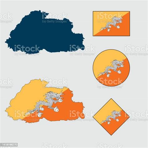 부탄 국가 지도의 벡터는 흰색 배경에 고립 된 깃발 세트와 실루엣을 윤곽선 0명에 대한 스톡 벡터 아트 및 기타 이미지 0명 국경 국기 Istock
