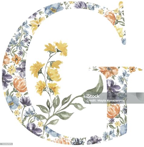 야생화 G 문자 클립 아트 꽃 알파벳 디자인 흰색 배경에 격리된 수채화 꽃 모노그램 그림 0명에 대한 스톡 벡터 아트 및 기타