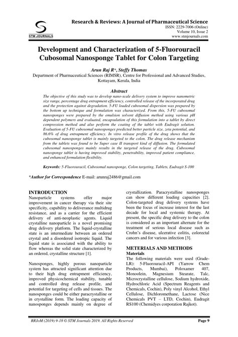 Pdf Development And Characterization Of 5 Fluorouracil Cubosomal Nanosponge Tablet For Colon