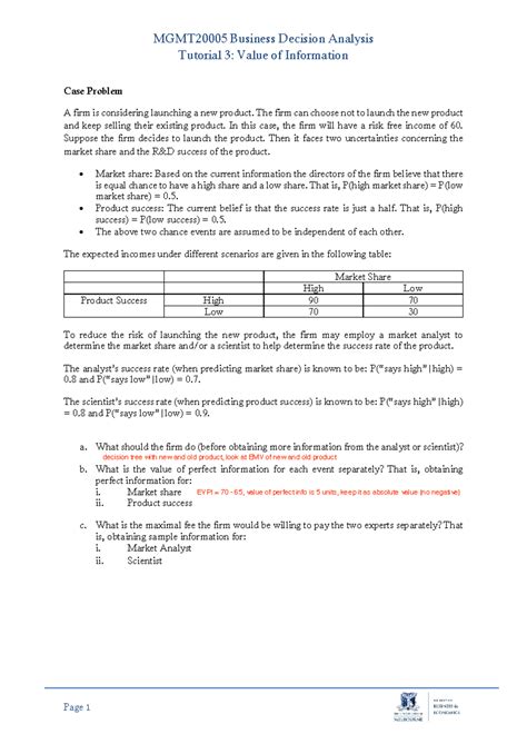 Bda Tutorial 3 Tut Mgmt20005 Business Decision Analysis Tutorial 3 Value Of Information