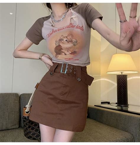 6535棉 美式复古猫咪短袖t恤女2025夏季新款辣妹修身短款甜辣上衣 阿里巴巴