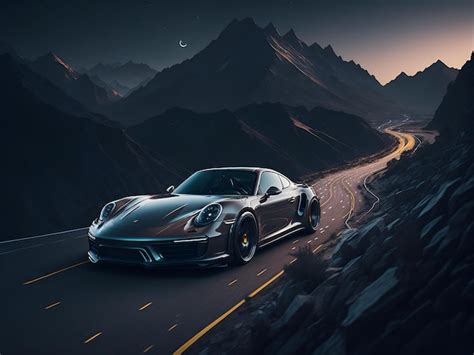 Un porsche 911 circula por una carretera de montaña Foto Premium