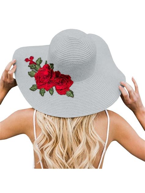 Women Flower Embroidery Foldable Floppy Wide Large Brim Sun Hats Grey