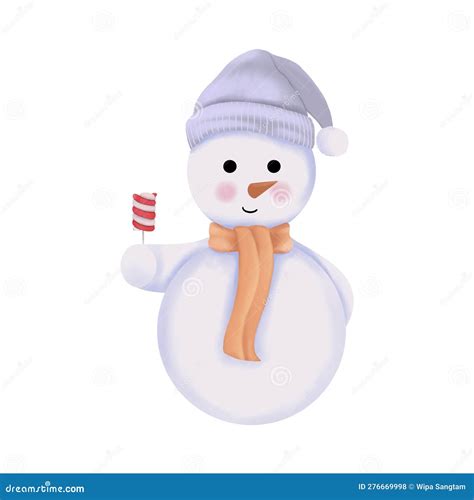 Watercolor Snowman With Marshmallow Watercolor Winter Illustration