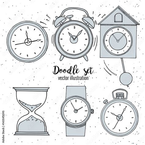 Set Of Doodle Sketch Watches Alarm Clocks Sand Glasses Stop Watch