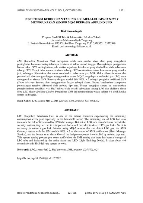 Pdf Pendeteksi Kebocoran Tabung Lpg Melalui Sms Gateway Menggunakan Sensor Mq 2 Berbasis