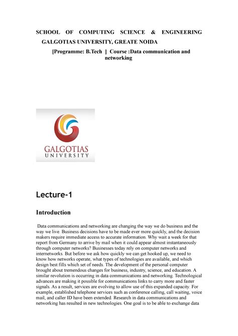 Data Communication And Networking Lecture 1 Galgotias University